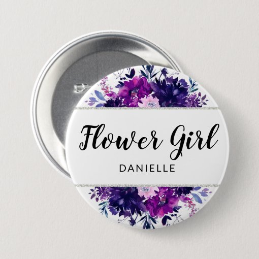 Enchanted Floral Purple Flower Girl Monogrammed Button | Zazzle