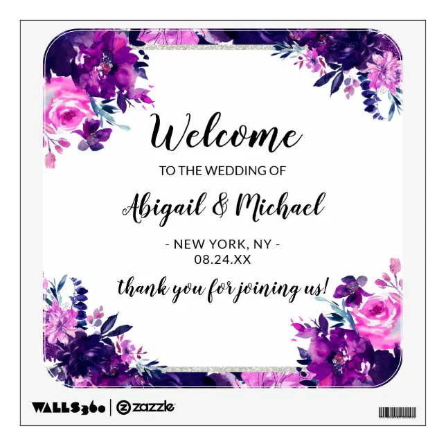 Enchanted Floral Purple Wedding Welcome Sign Wall Decal | Zazzle