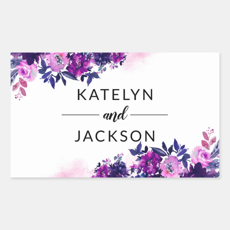 Enchanted Floral Violet Purple Wedding Monogram Rectangular Sticker ...
