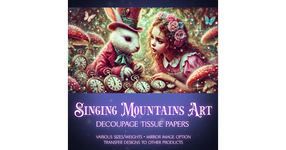 Enchanted Forest Alice Rabbit Clocks Decoupage Tissue Paper | Zazzle