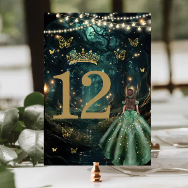 Enchanted Forest Emerald Green Dress Quinceañera Table Number | Zazzle