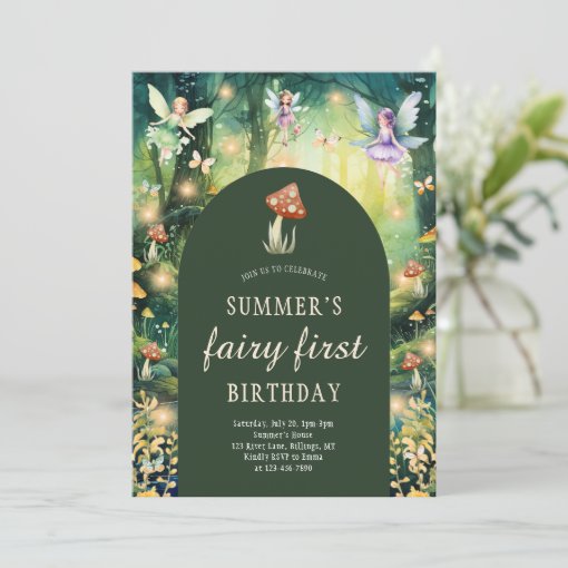 Enchanted Forest Fairy First Girl's Birthday Party Invitation | Zazzle
