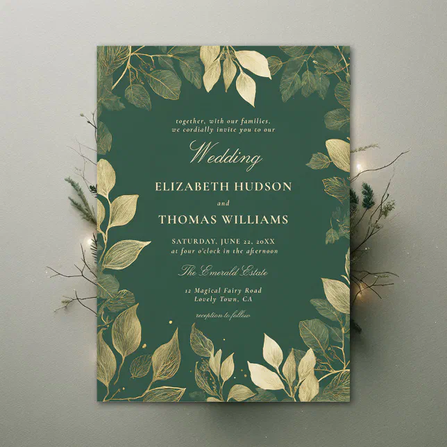 Enchanted Forest Faux Gold Foliage Elegant Wedding Invitation | Zazzle