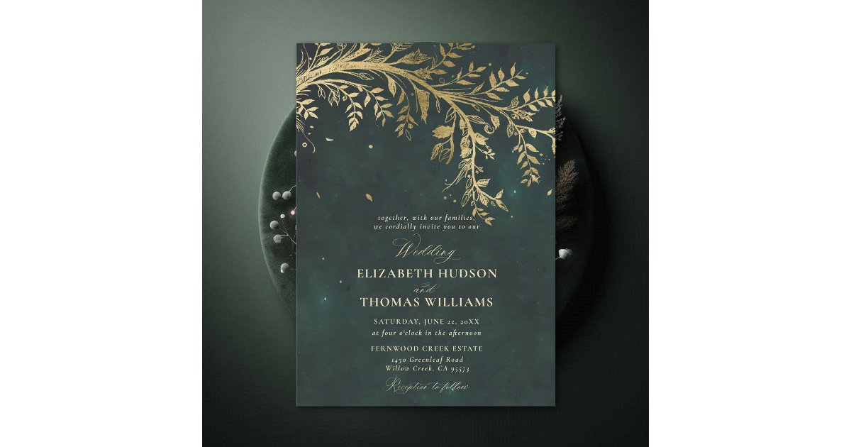 Enchanted Forest Gold Branch Emerald Green Wedding Invitation | Zazzle