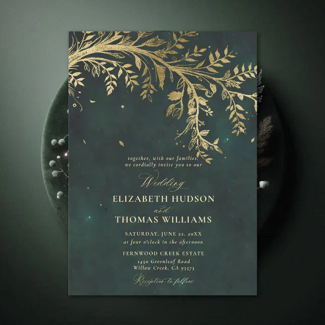 Enchanted Forest Gold Branch Emerald Green Wedding Invitation | Zazzle