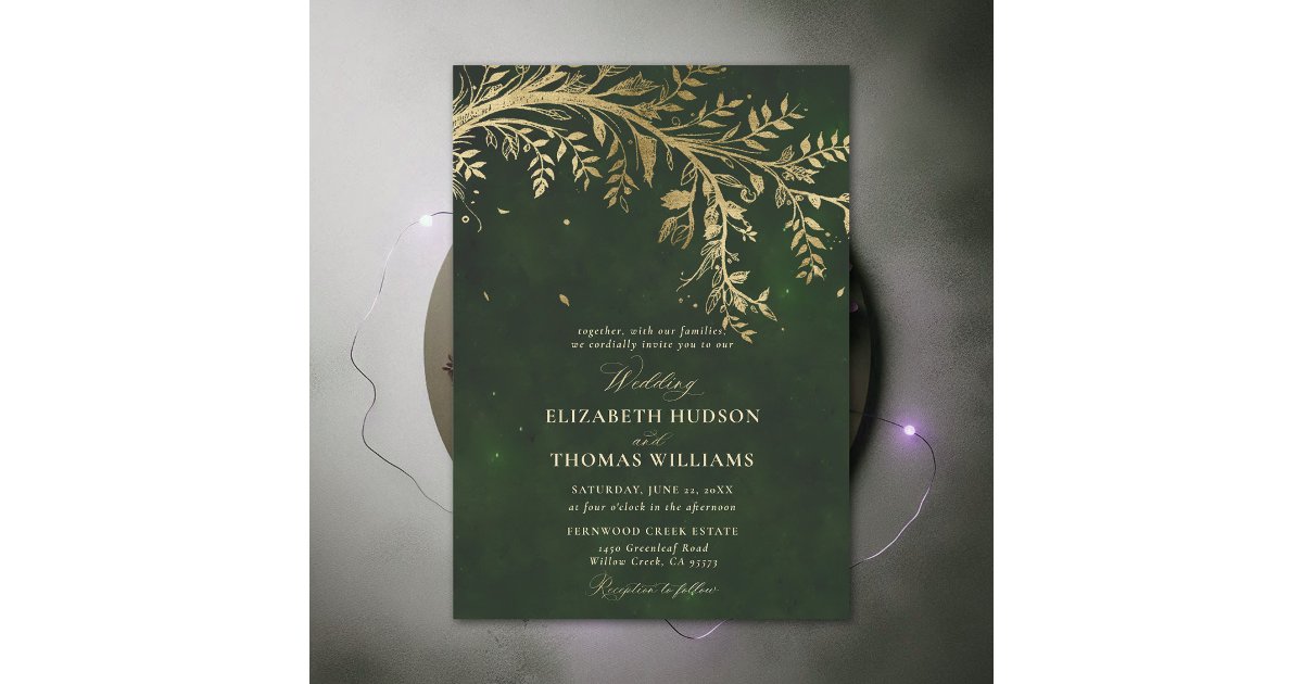 Enchanted Forest Gold Branch Hunter Green Wedding Invitation | Zazzle