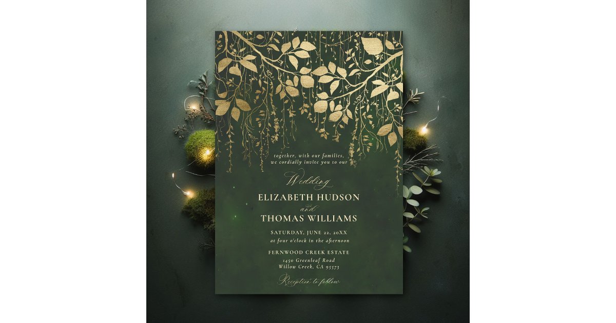 Enchanted Forest Gold Foliage Hunter Green Wedding Invitation | Zazzle