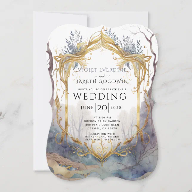 Enchanted Forest Gold Frame Wedding Invitation | Zazzle
