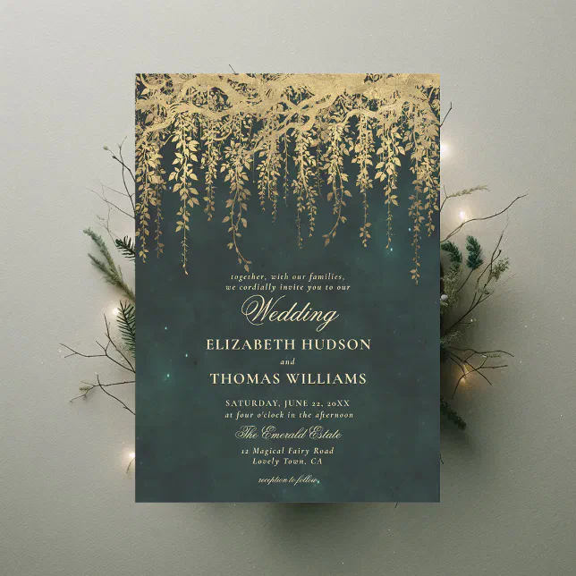 Enchanted Forest Gold Greenery Custom Wedding Invitation | Zazzle