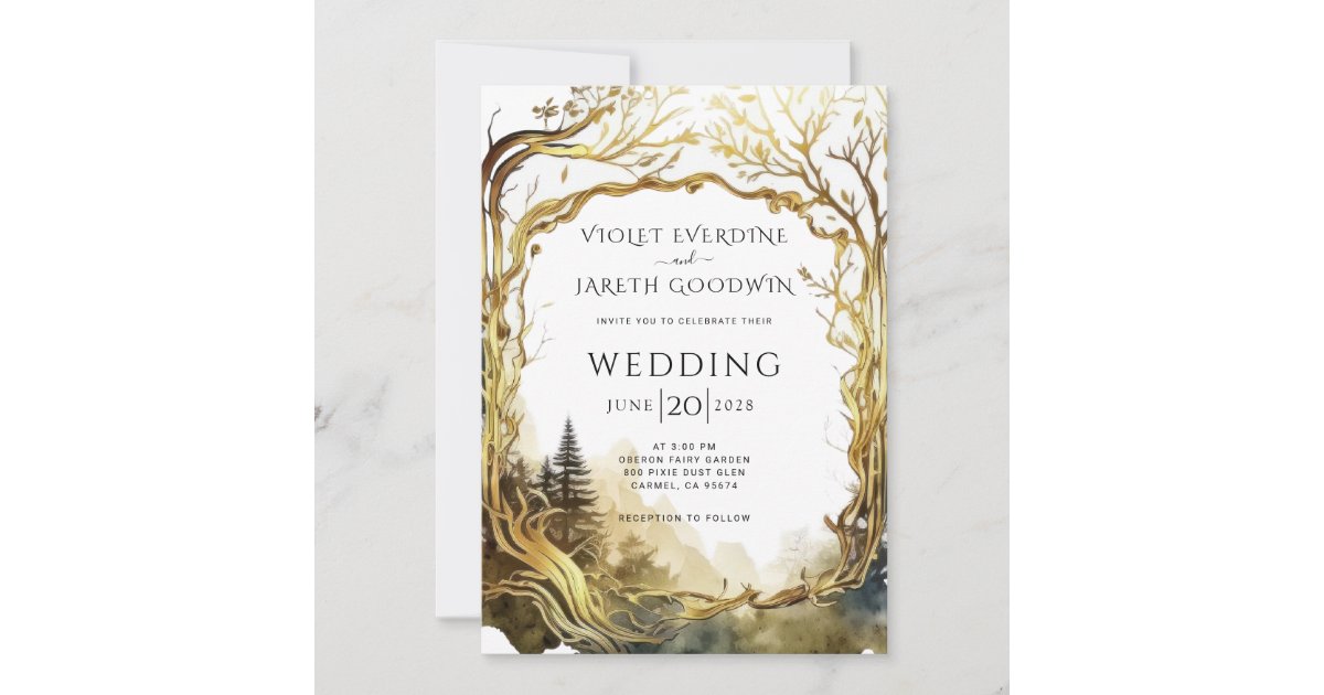 Enchanted Forest Gold Portal Wedding Invitation | Zazzle
