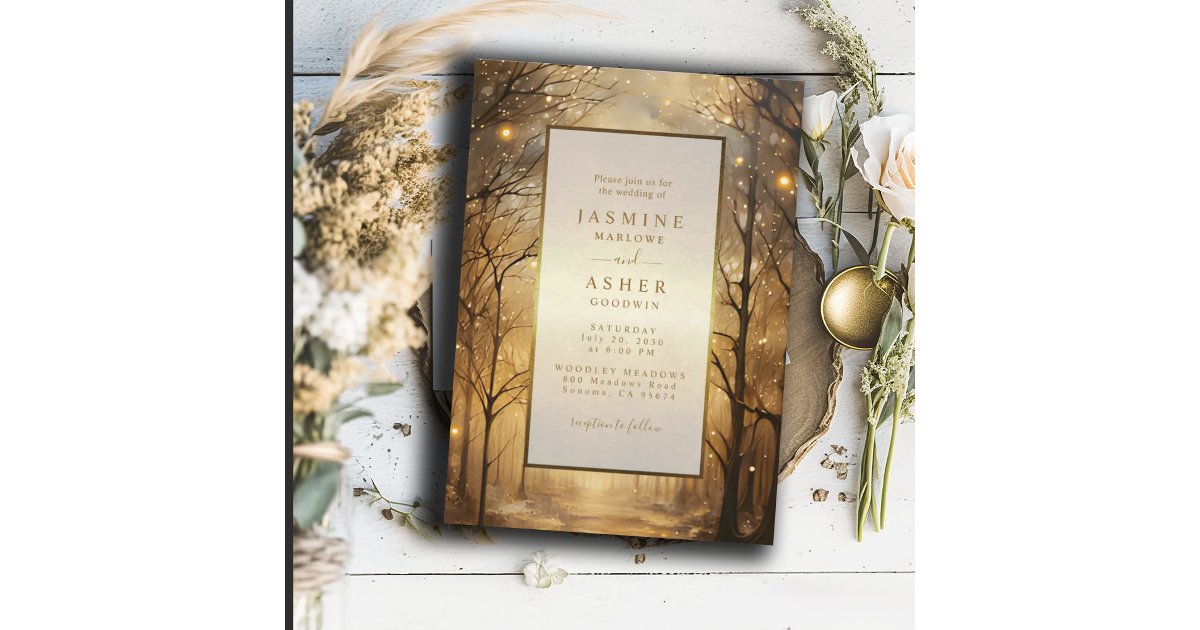 Enchanted Forest Gold Wedding Invitation | Zazzle
