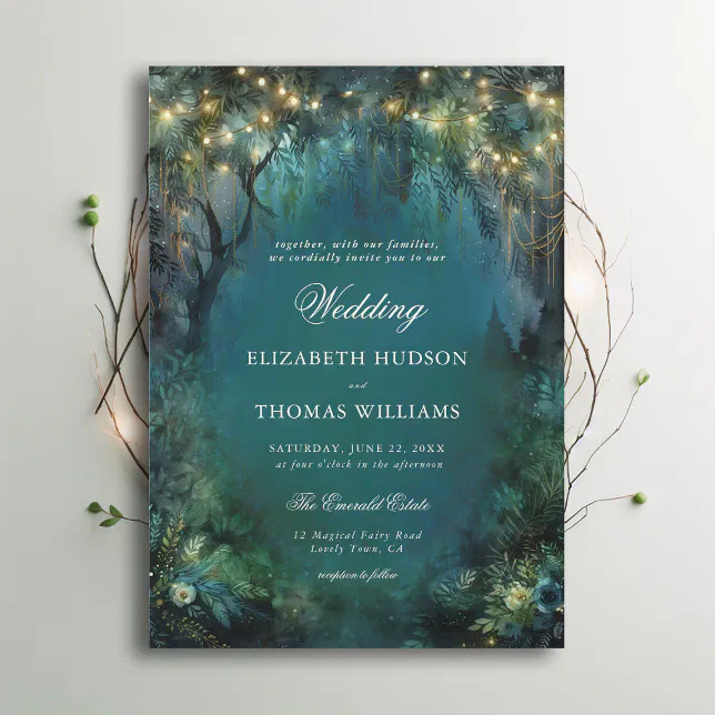 Enchanted Forest Greenery Fairy Gold Light Wedding Invitation | Zazzle