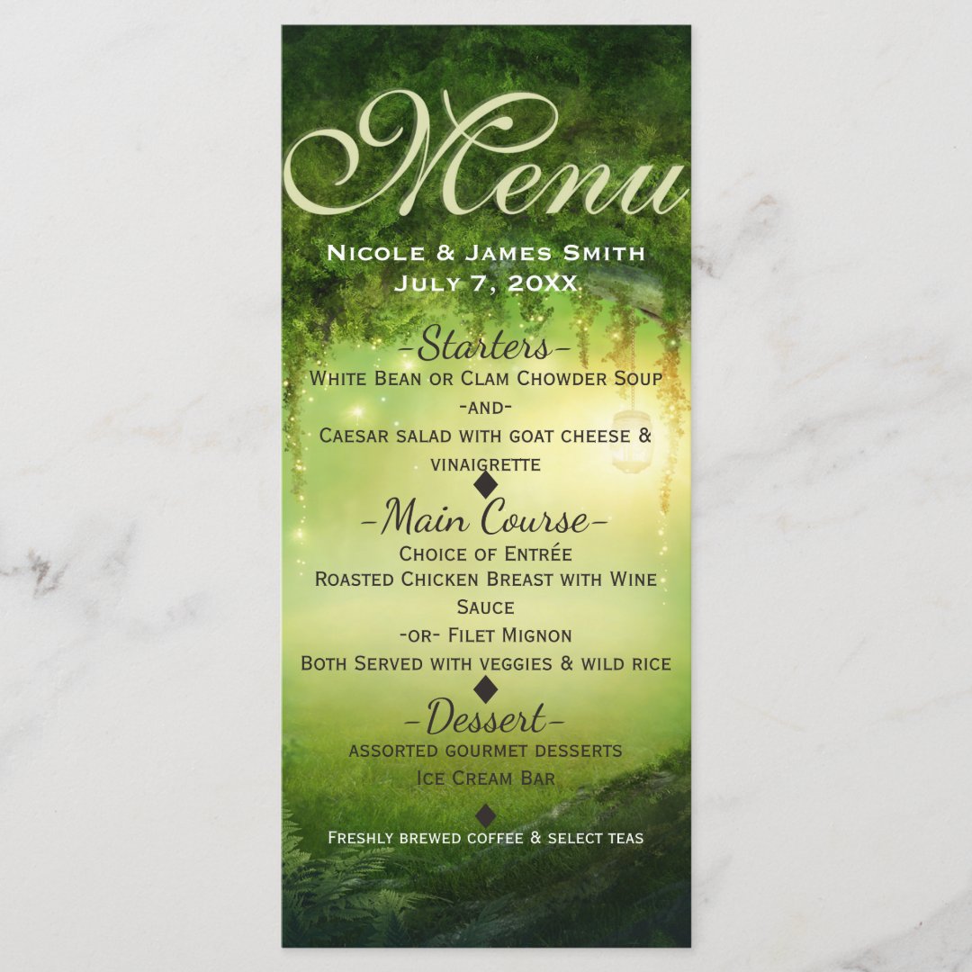 Enchanted Forest & Lights Wedding Menu Card | Zazzle