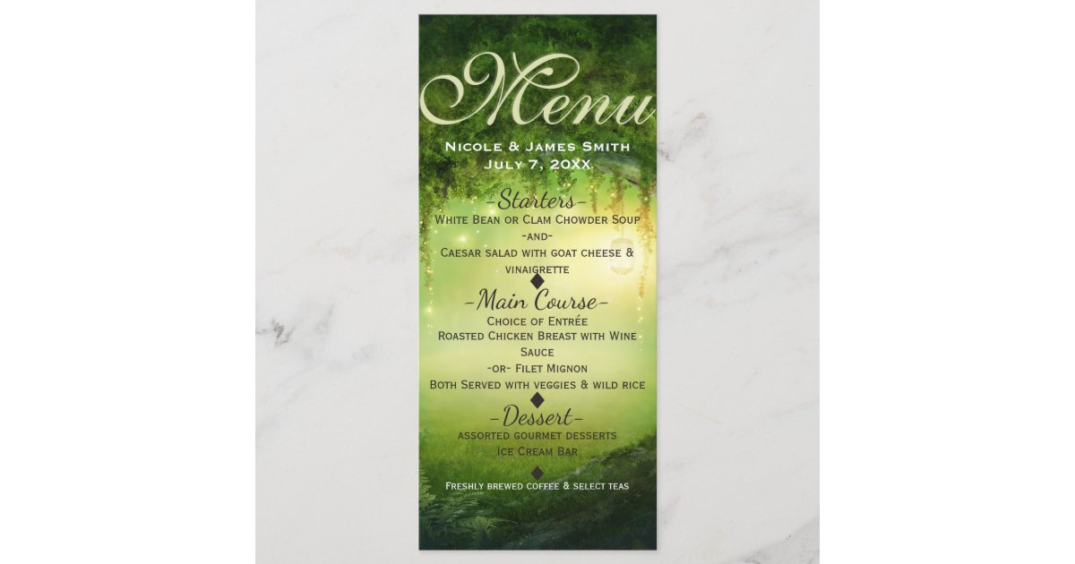 Enchanted Forest & Lights Wedding Menu Card | Zazzle