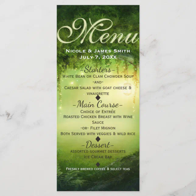 Enchanted Forest & Lights Wedding Menu Card | Zazzle