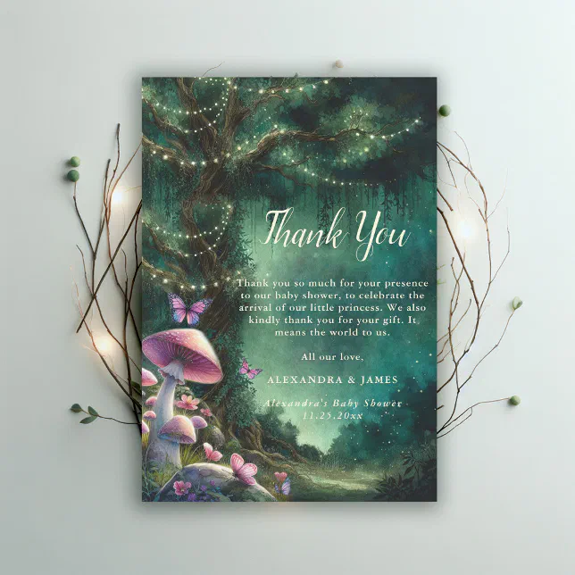 Enchanted Forest Mushrooms Pink Green Baby Shower Thank You Card | Zazzle