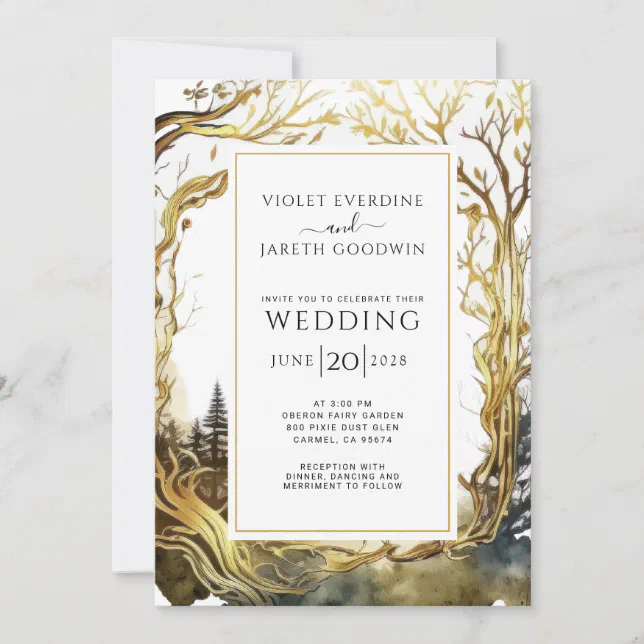 Enchanted Forest Portal Wedding Gold Trees Wedding Invitation | Zazzle
