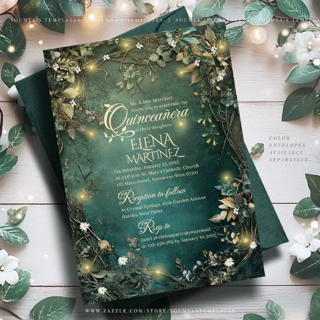 Enchanted Forest Quinceanera Emerald Green Invitation | Zazzle