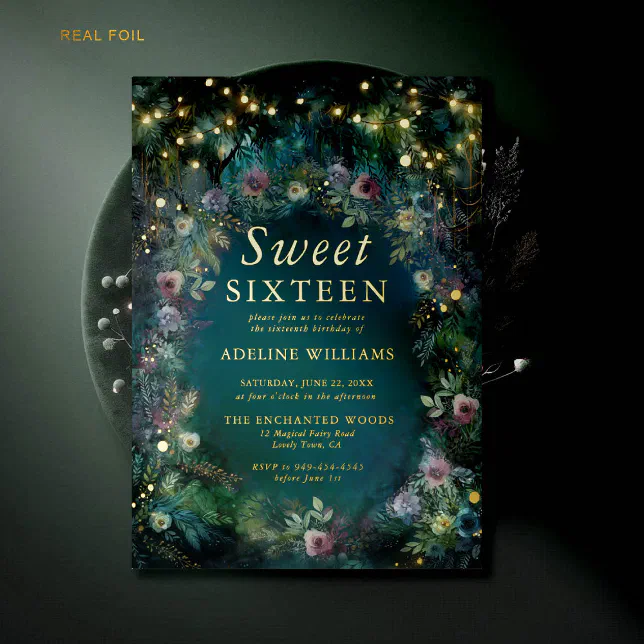 Enchanted Forest Roses Gold Light Magical Sweet 16 Foil Invitation | Zazzle