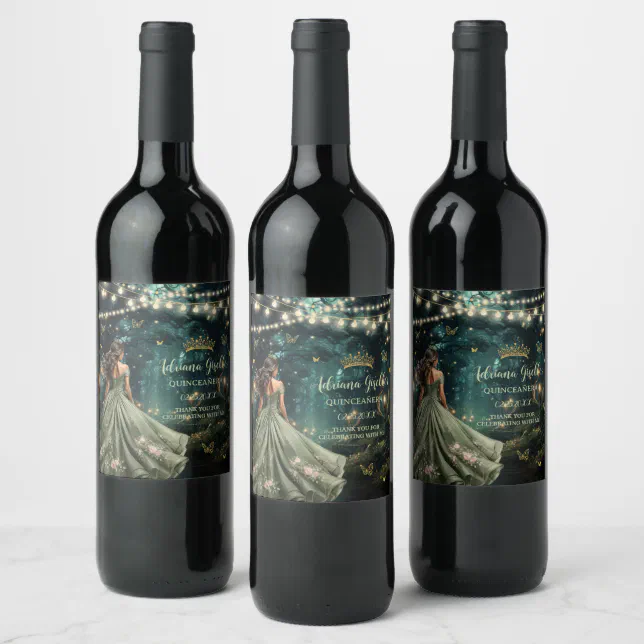 Enchanted Forest Sage Green Dress Quinceañera 16th Wine Label | Zazzle
