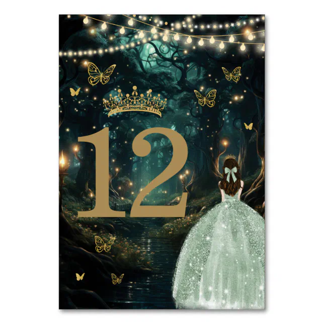 Enchanted Forest Sage Green Dress Quinceañera Table Number | Zazzle