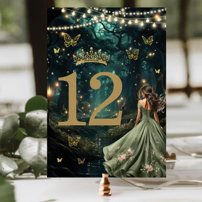 Enchanted Forest Sage Green Dress Quinceañera Table Number | Zazzle
