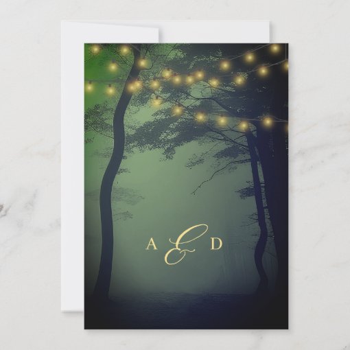 Enchanted forest tree lights gold green wedding invitation | Zazzle