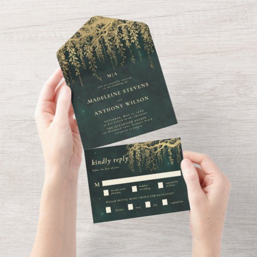 Enchanted Garden Emerald Gold Fairytale Wedding All In One Invitation ...