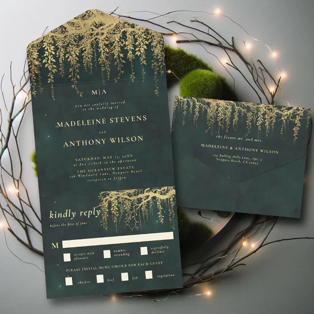 Enchanted Garden Emerald Gold Fairytale Wedding All In One Invitation ...