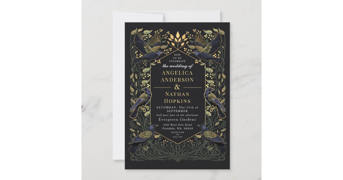 Enchanted Gothic Raven Floral Green Wedding Invitation | Zazzle