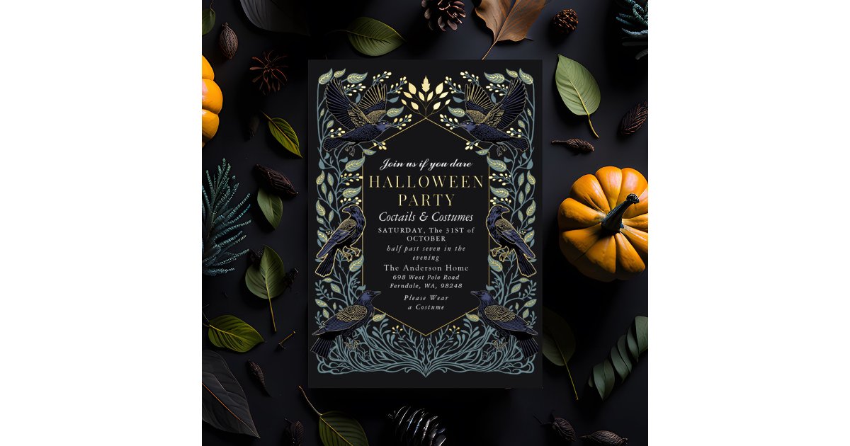 Enchanted Gothic Raven Floral Halloween Foil Invitation | Zazzle