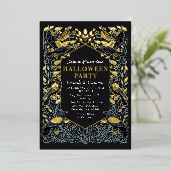Enchanted Gothic Raven Floral Halloween Foil Invitation | Zazzle