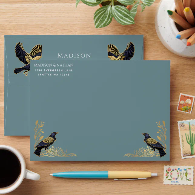 Enchanted Gothic Raven Floral Wedding Envelope | Zazzle