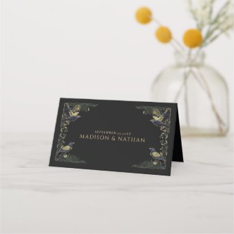 Enchanted Gothic Raven Green Floral Wedding Place Card | Zazzle