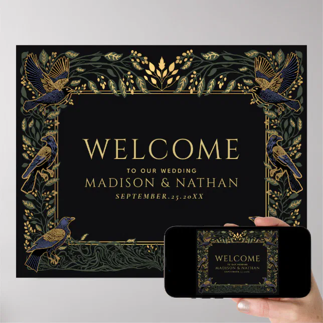 Enchanted Gothic Raven Green Wedding Welcome Poster | Zazzle