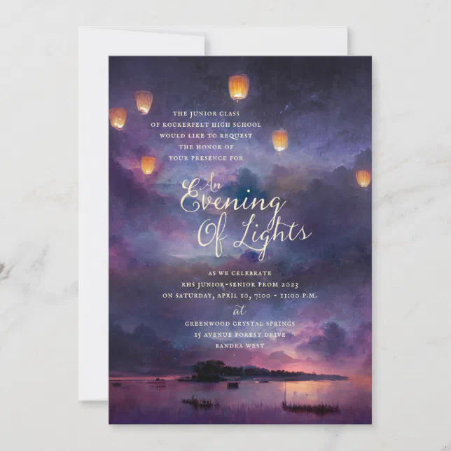 Enchanted Night Flying Lanterns Lake Beach Prom In Invitation | Zazzle
