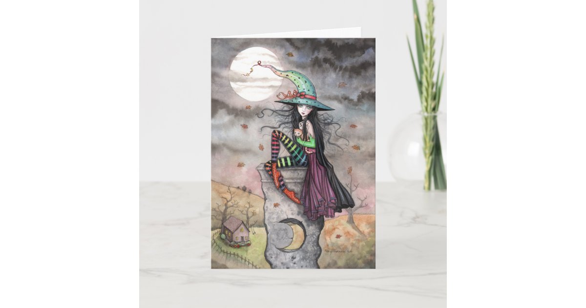 Enchanted October Halloween Witch Cat Card | Zazzle