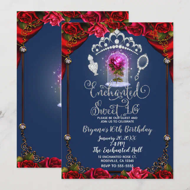 Enchanted Red Rose Beauty Sweet 16 Birthday Party Invitation | Zazzle