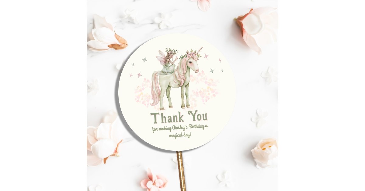 Enchanted Unicorn and Fairy Personalized Birthday Classic Round Sticker ...