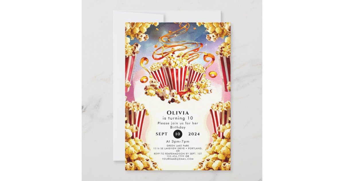Enchanted Watercolor Popcorn Birthday Invitation | Zazzle