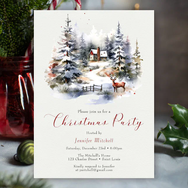 Enchanted Winter Wonderland Watercolor Christmas Invitation | Zazzle