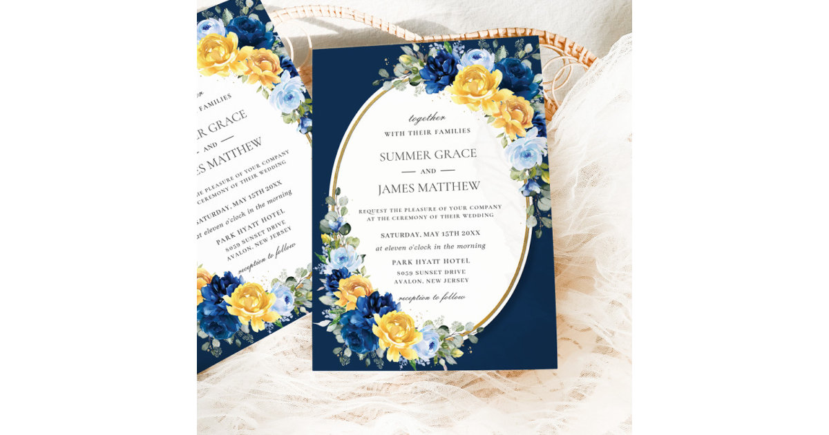 Enchanting Blue and Yellow Floral Wedding Invitation | Zazzle