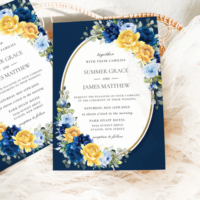 Enchanting Blue and Yellow Floral Wedding Invitation | Zazzle