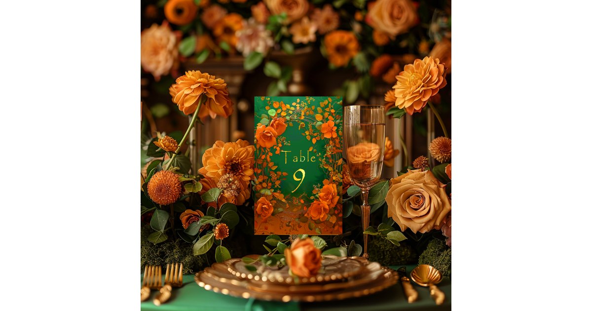Enchanting Orange and Green Druid Hill Wedding Table Number | Zazzle