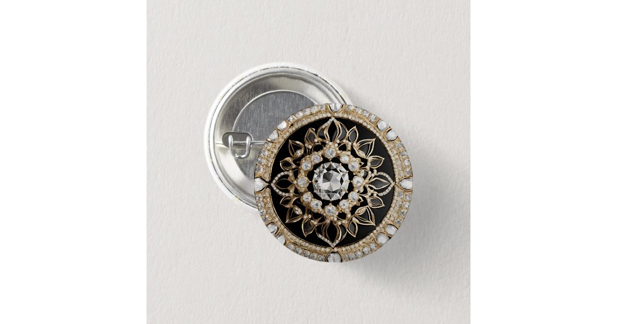 Encrusted white diamonds and gold circle mandala button | Zazzle