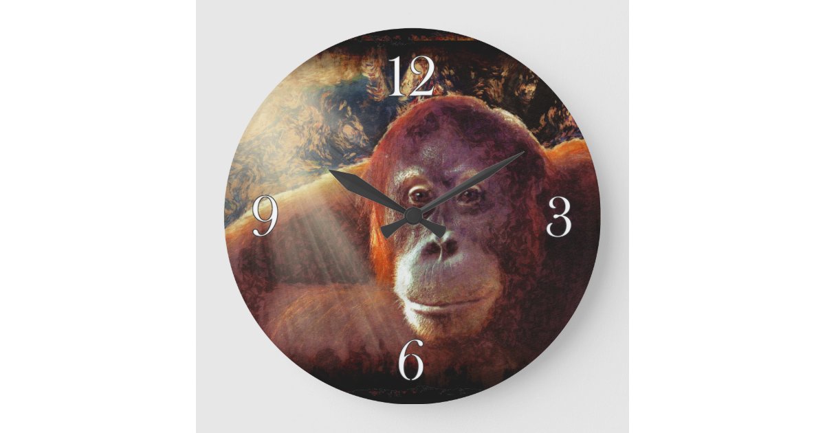 Endangered Orangutan & Rainforest Primate Image 2 Large Clock | Zazzle