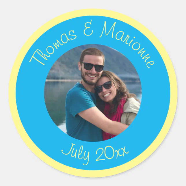 Engaged Couple Picture Names Date Classic Round Sticker | Zazzle