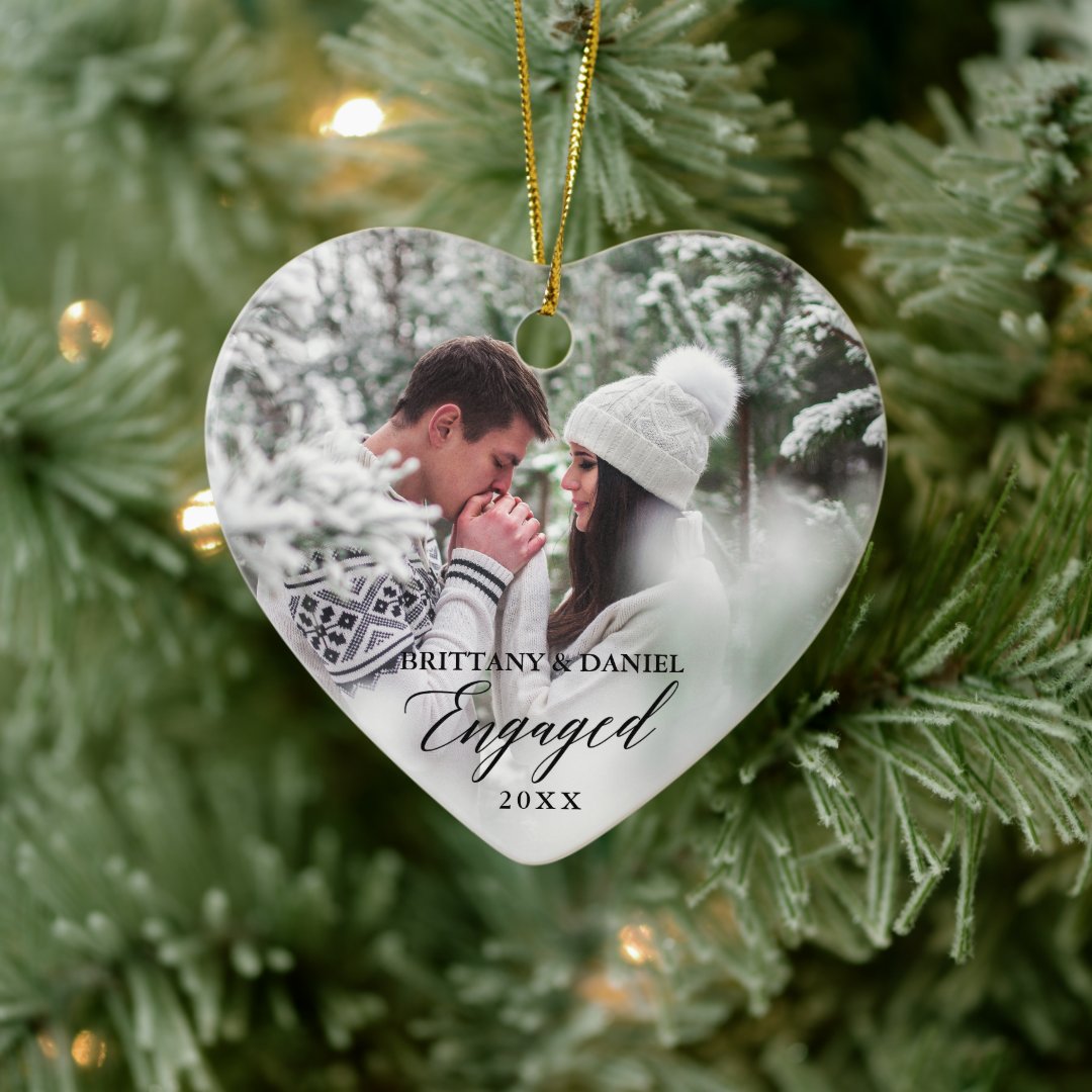 Engaged Modern Calligraphy Couple Photo Heart Ceramic Ornament | Zazzle