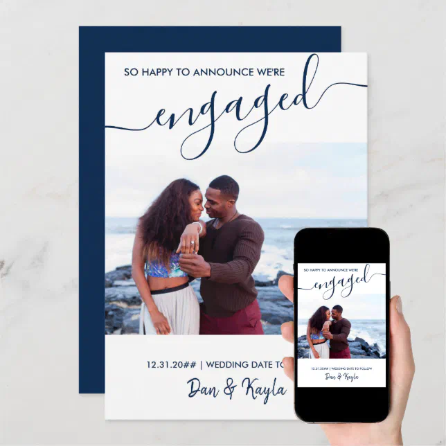 Engaged Photo and Elegant Script Blue Engagement Announcement | Zazzle