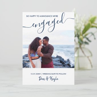 Engaged Photo and Elegant Script Blue Engagement Announcement | Zazzle